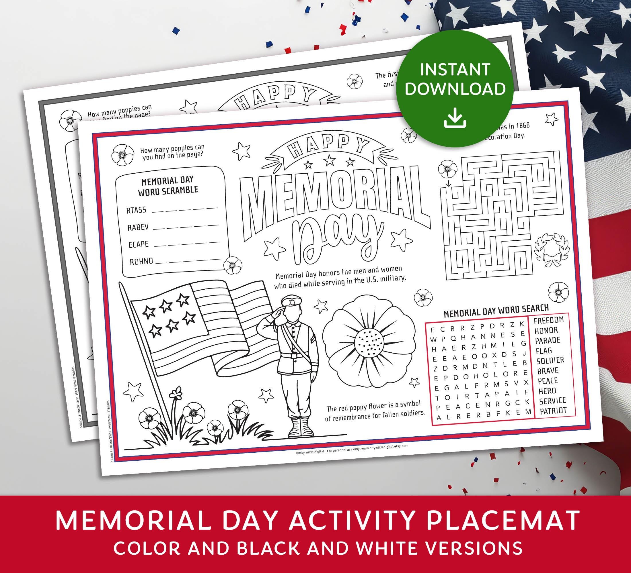Memorial Day Activity Placemat, Memorial Day Coloring Activity ...