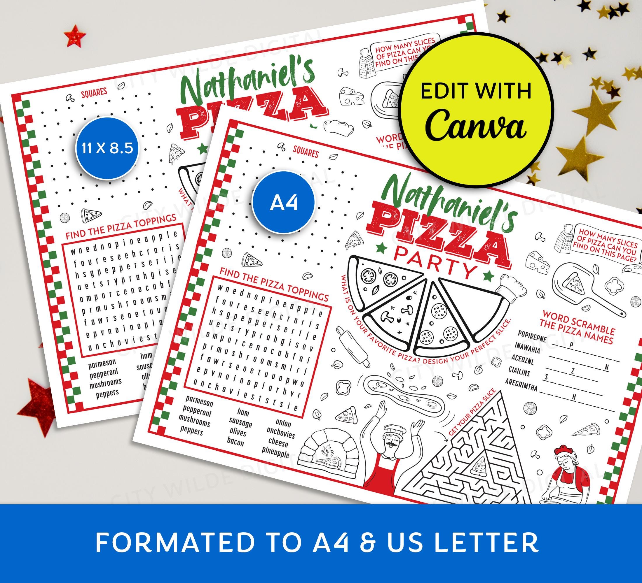 Pizza Party Placemat, Editable Party Activity Placemat, Personalised ...