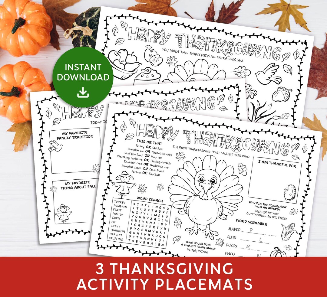 Thanksgiving Activity Placemat for Kids, Thanksgiving Coloring Place ...