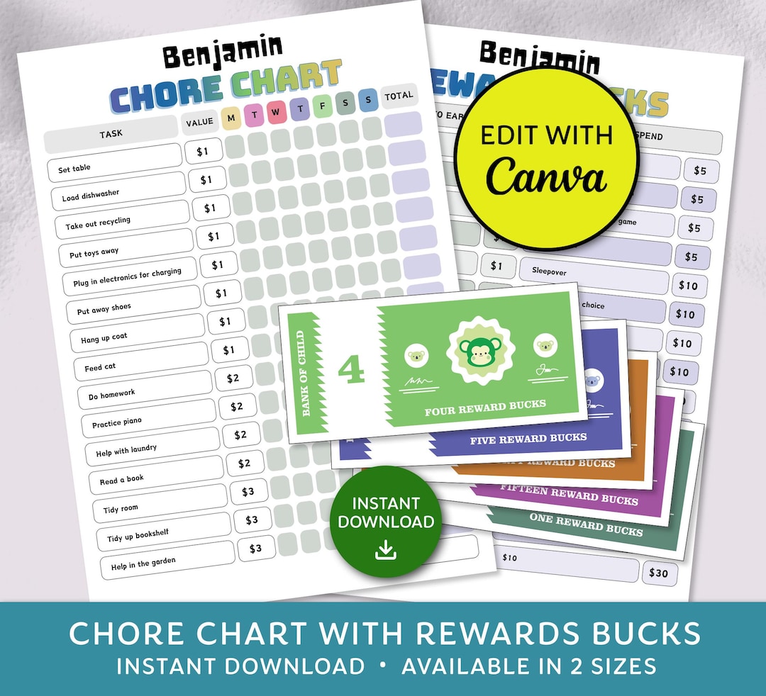 Editable Kids Reward Chart, Rewards Bucks, Kids Reward Coupons, Kids ...