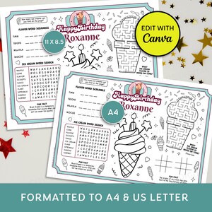 Ice Cream Birthday Activity Placemat, Ice Cream Coloring Activity ...