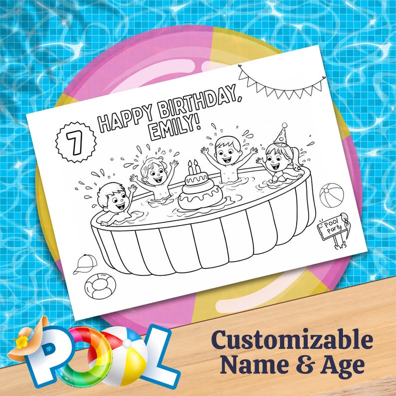 Personalized Pool Party Coloring Page: Custom Birthday Placemat (PDF ...