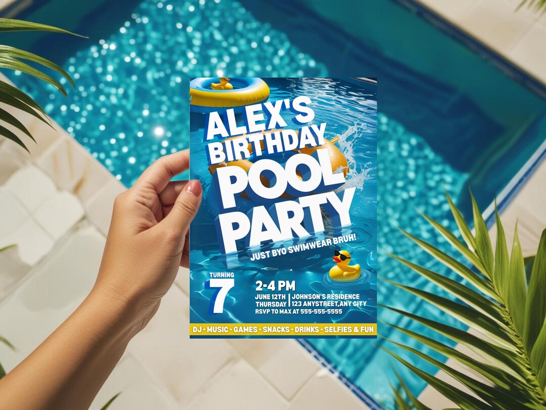 Boy's 7th Birthday Pool Party Invitation: Editable Swim Party Invite ...