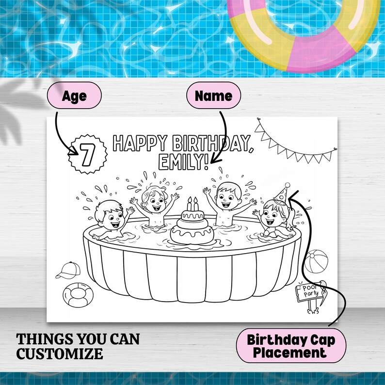 Personalized Pool Party Coloring Page: Custom Birthday Placemat (PDF ...