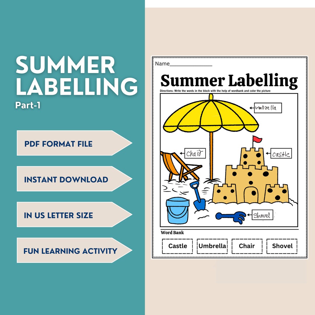 Printable Beach Summer Labeling & Coloring Activity Page for Kids, Fun ...