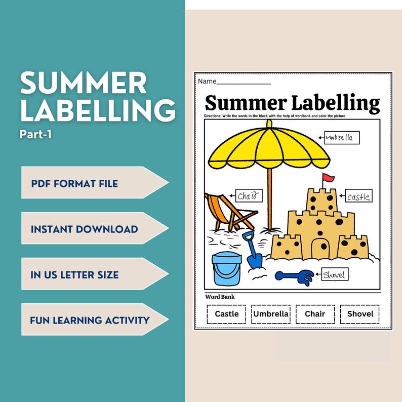Printable Beach Summer Labeling & Coloring Activity Page for Kids, Fun ...