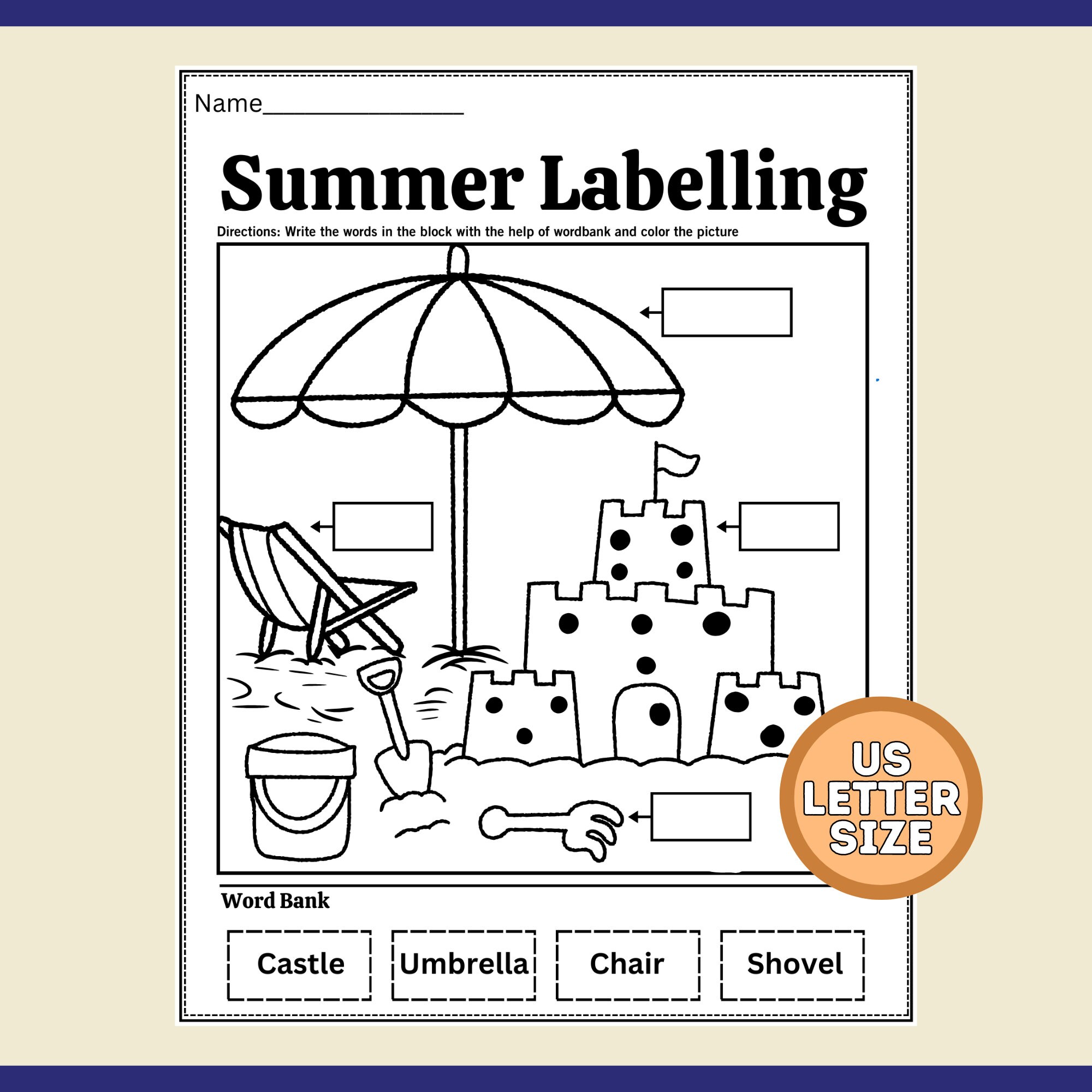 Printable Beach Summer Labeling & Coloring Activity Page for Kids, Fun ...