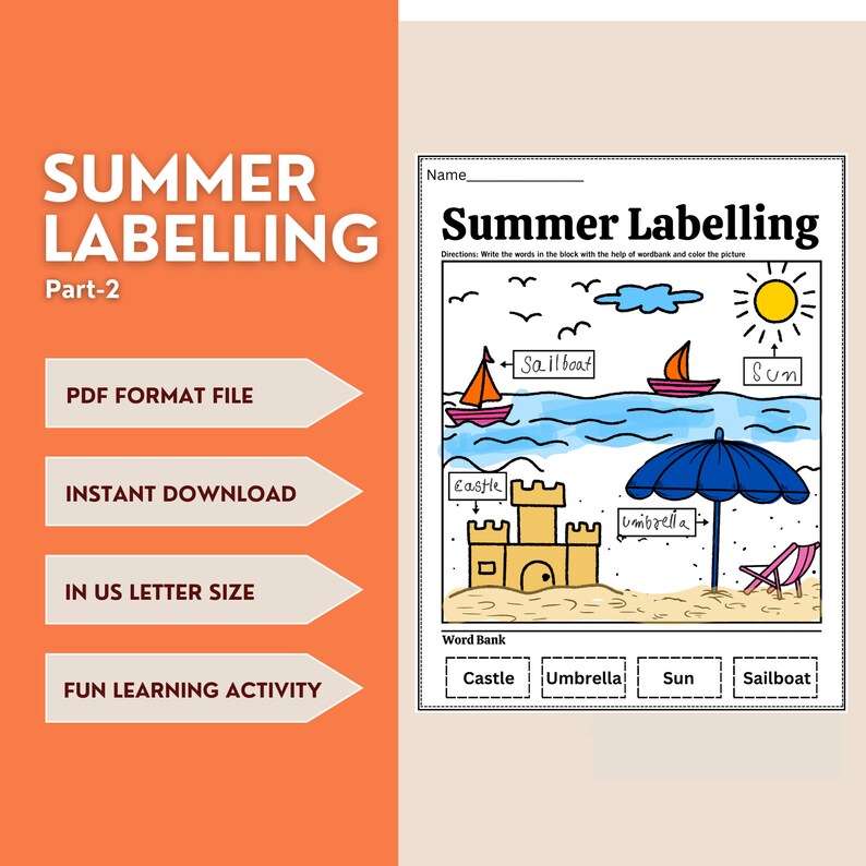 Printable Beach Summer Labeling & Coloring Activity for Kids, Beach Fun ...