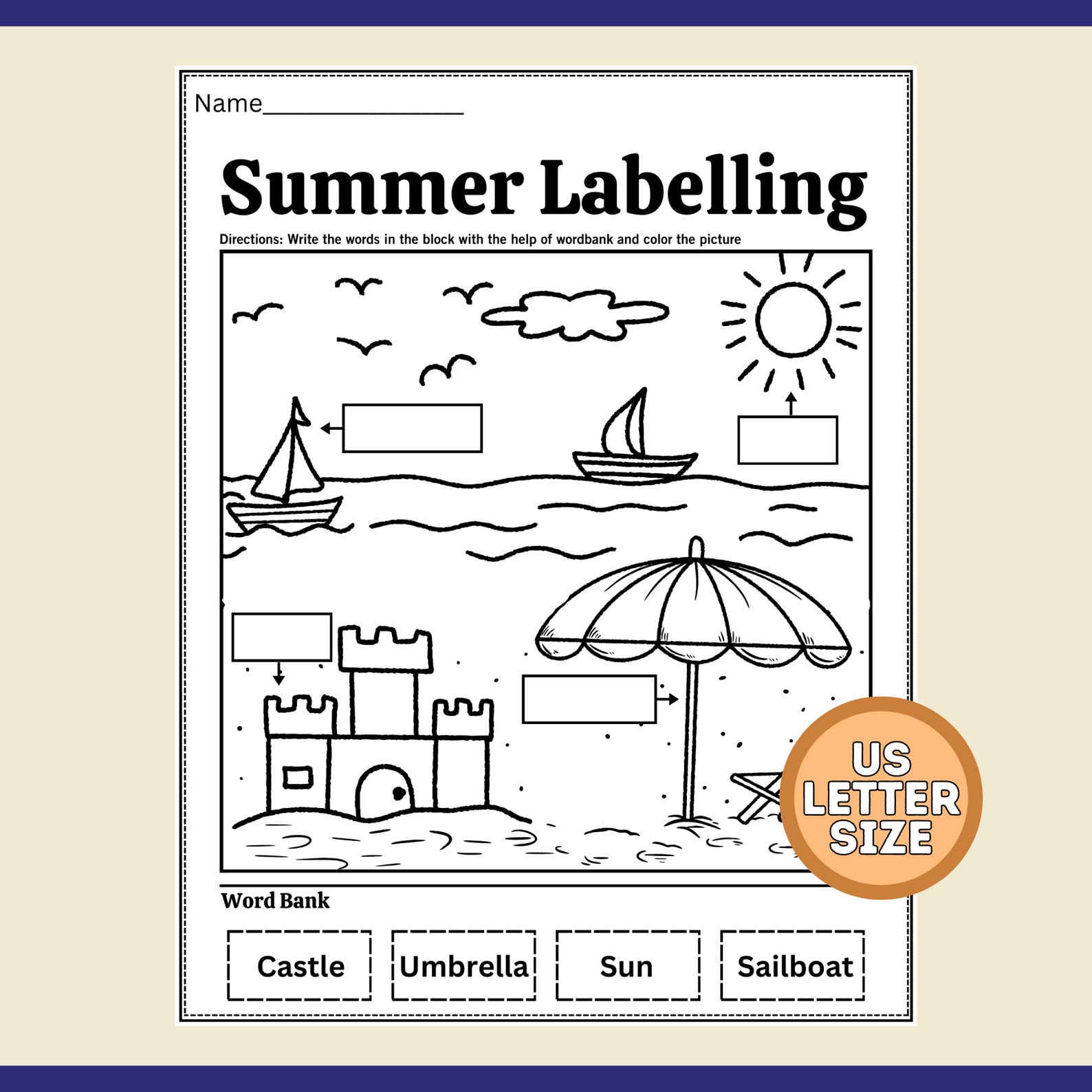 Printable Beach Summer Labeling & Coloring Activity for Kids, Beach Fun ...