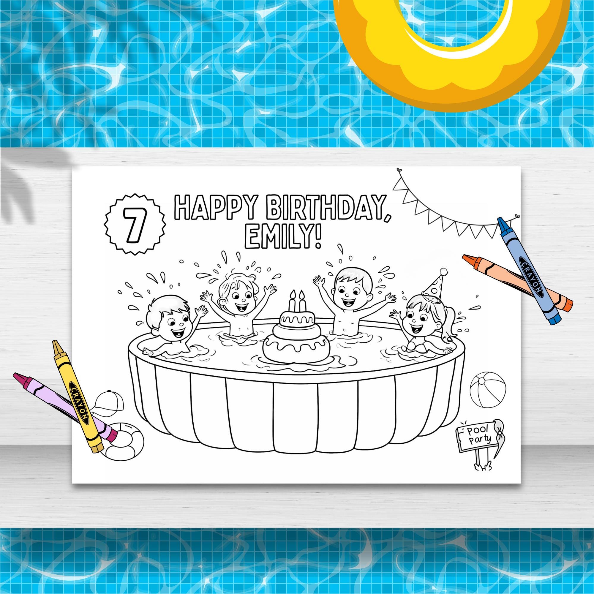 Personalized Pool Party Coloring Page: Custom Birthday Placemat (PDF ...