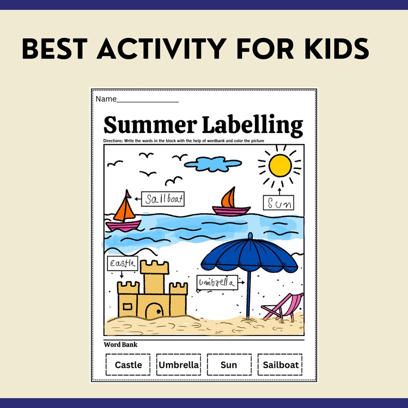 Printable Beach Summer Labeling & Coloring Activity for Kids, Beach Fun ...