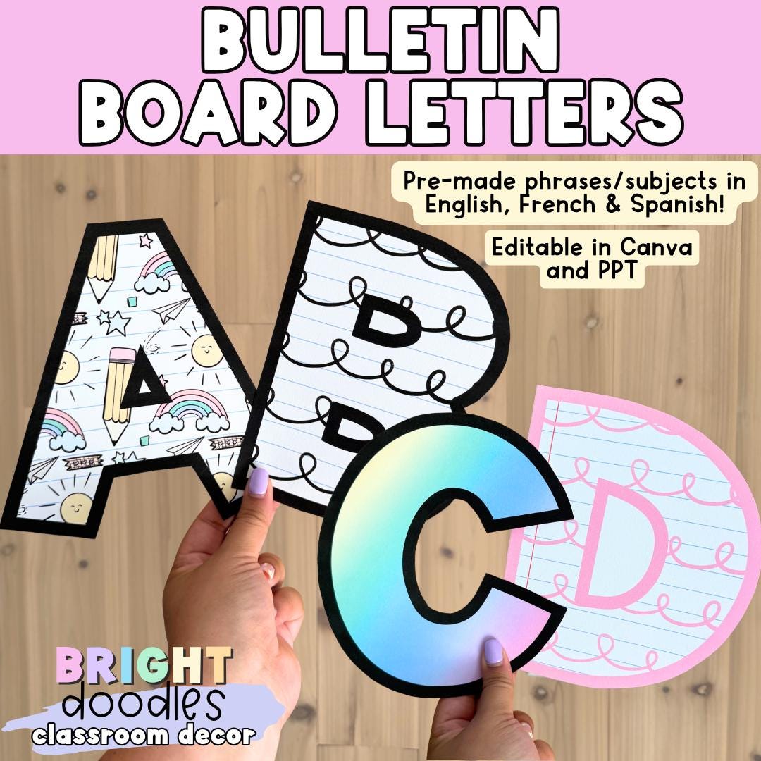 Bright Doodles Bulletin Board Letters: English, French, Spanish (canva ...