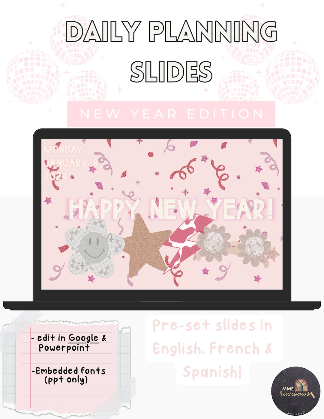 New Years Daily Planning Slides | English, French & Spanish Templates ...
