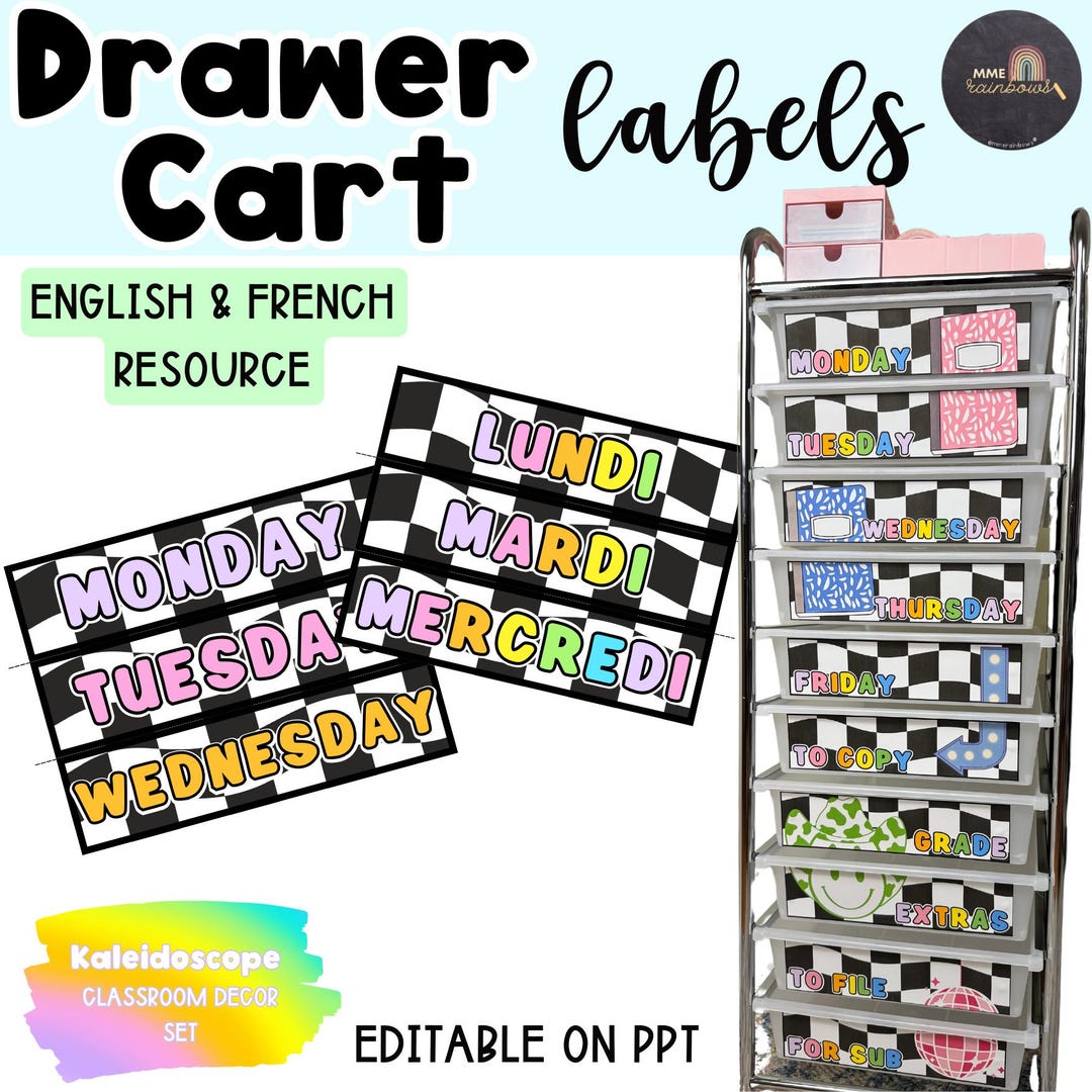 10 and 12 Drawer Cart Labels | English & French | Editable | Bright ...