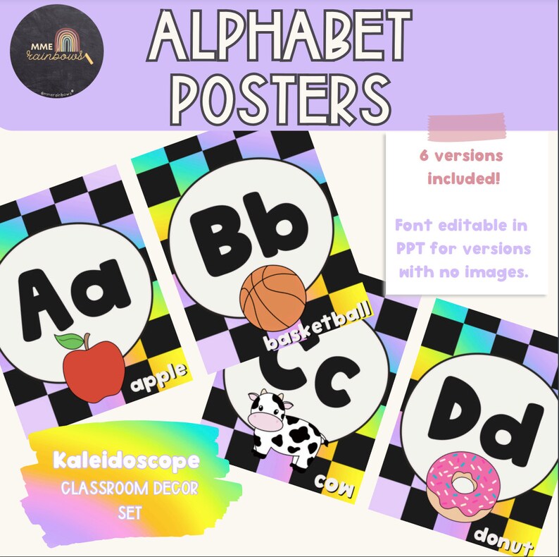 Classroom Alphabet Posters | Kaleidoscope Rainbow Theme | Editable - Etsy
