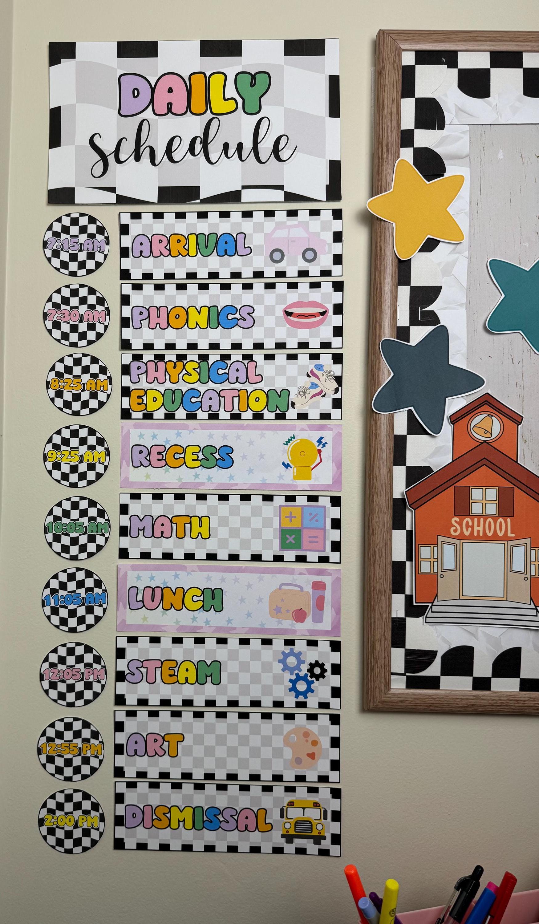 Editable Daily Classroom Schedule Cards | Bright Checkered | English ...