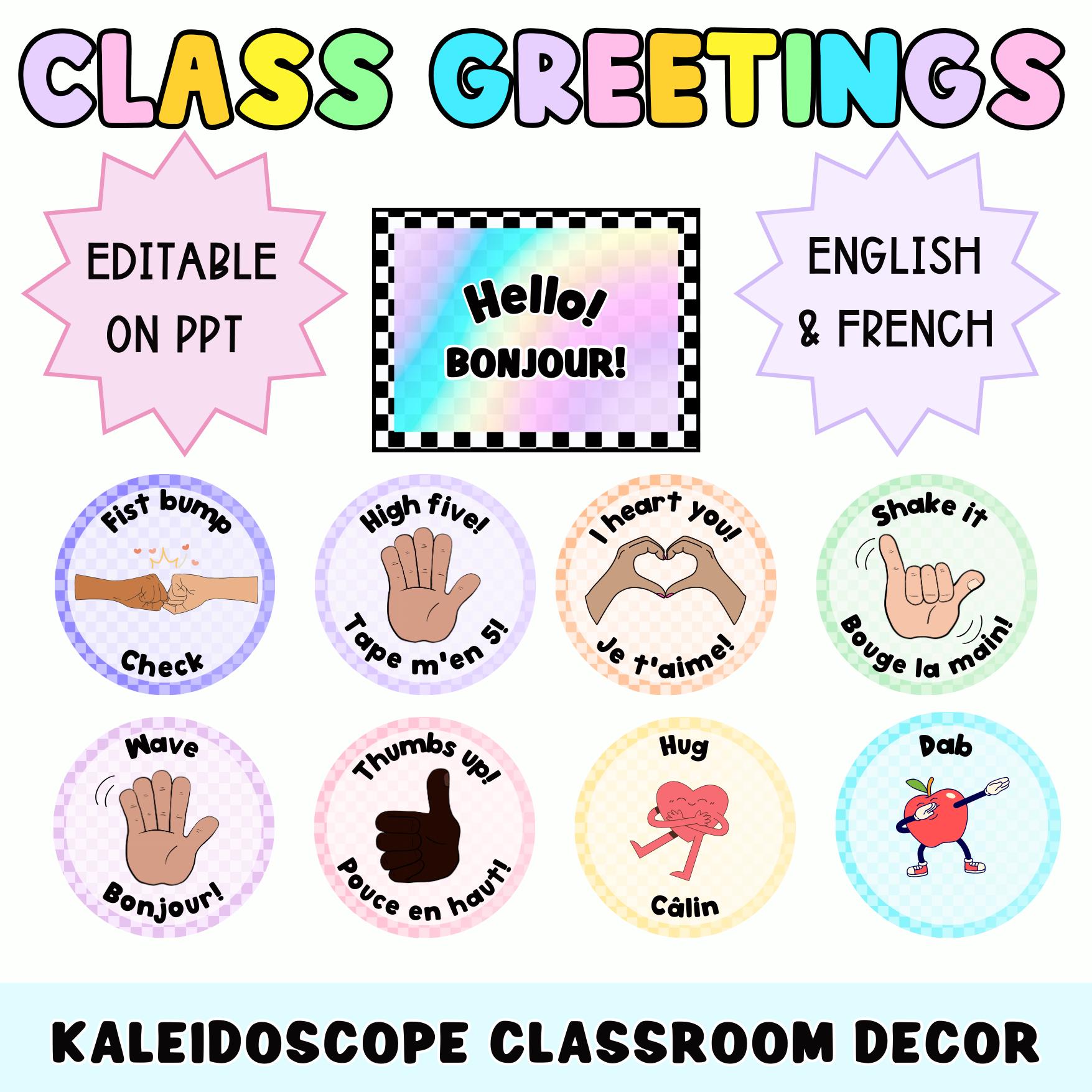 Class Greetings Posters | Bright and Checkered Classroom | English ...
