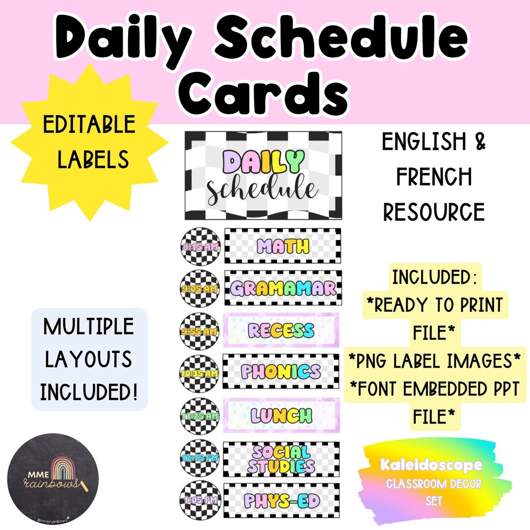 Editable Daily Classroom Schedule Cards | Bright Checkered | English ...