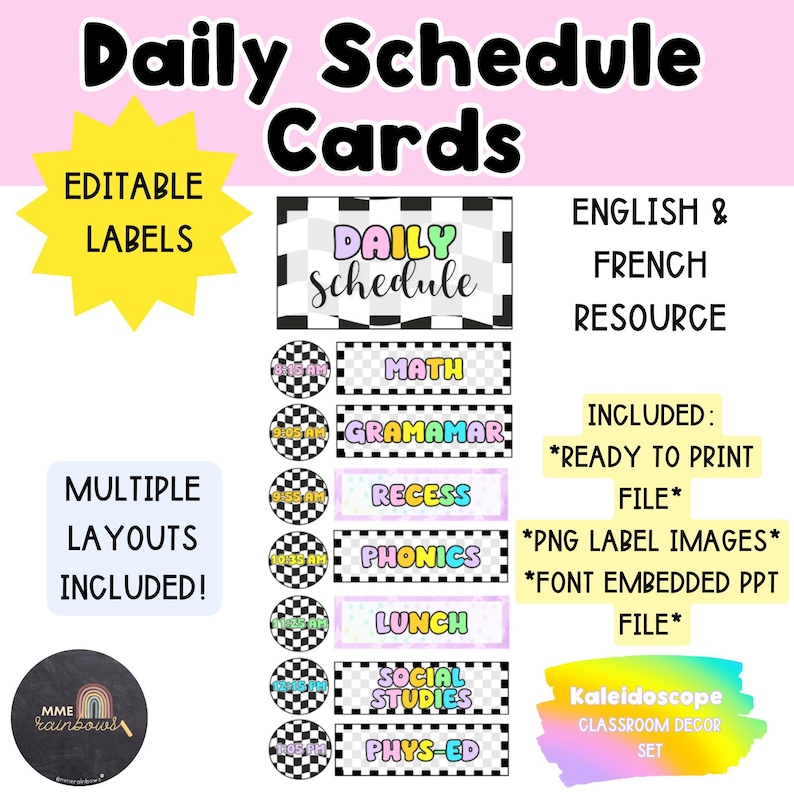 Editable Daily Classroom Schedule Cards | Bright Checkered | English ...