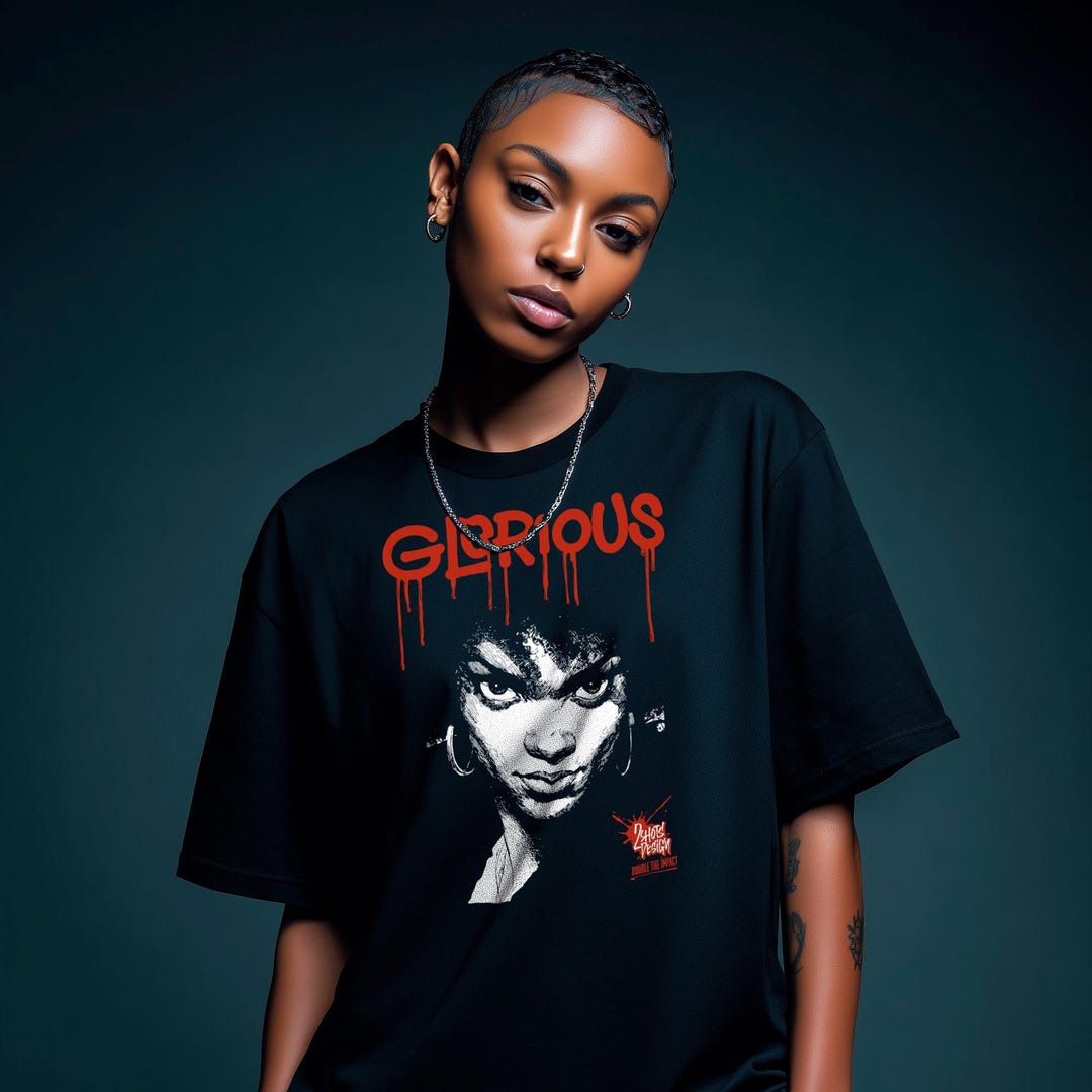 Hand-drawn Style Portrait Tee "glorious" - Edgy Women's Black Graphic T ...