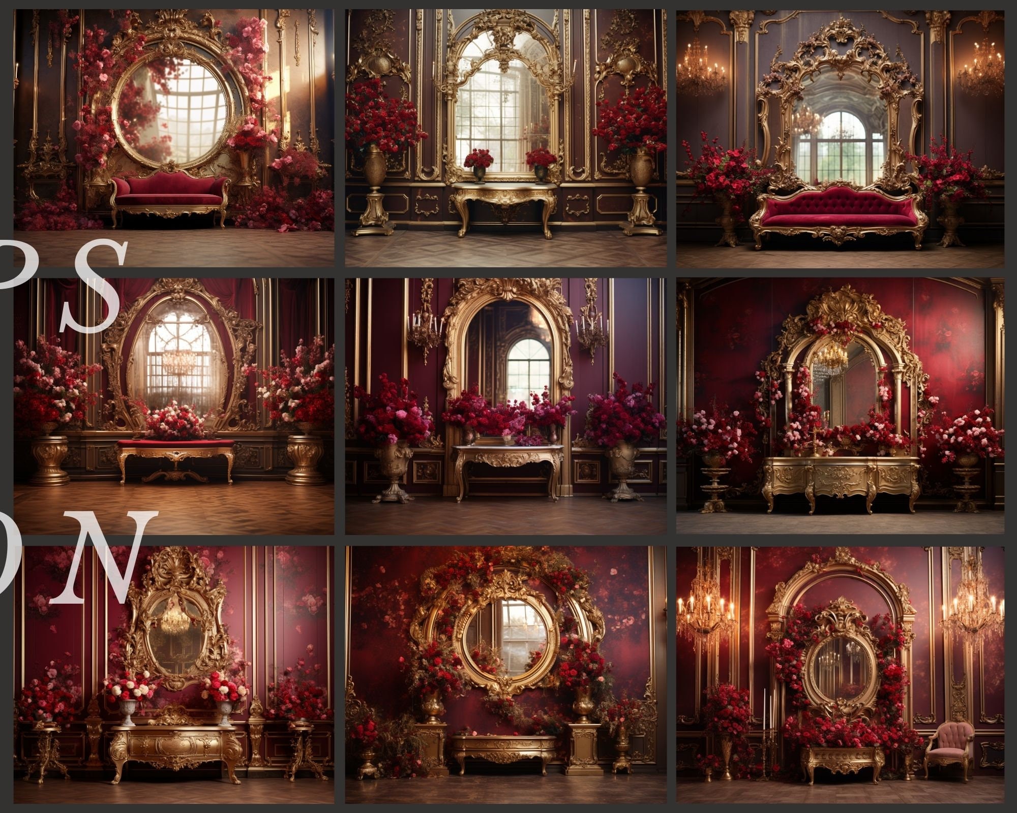 20 Ruby Red Mirror Room & Gold Backdrops, Maternity Overlays ...