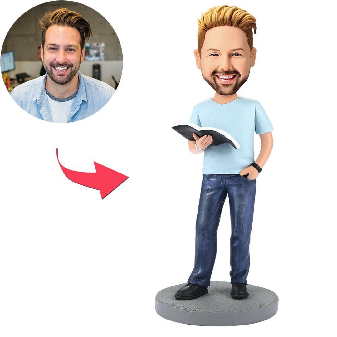 Custom Modern Bobblehead With Engraved Text Reading Book Man - Etsy