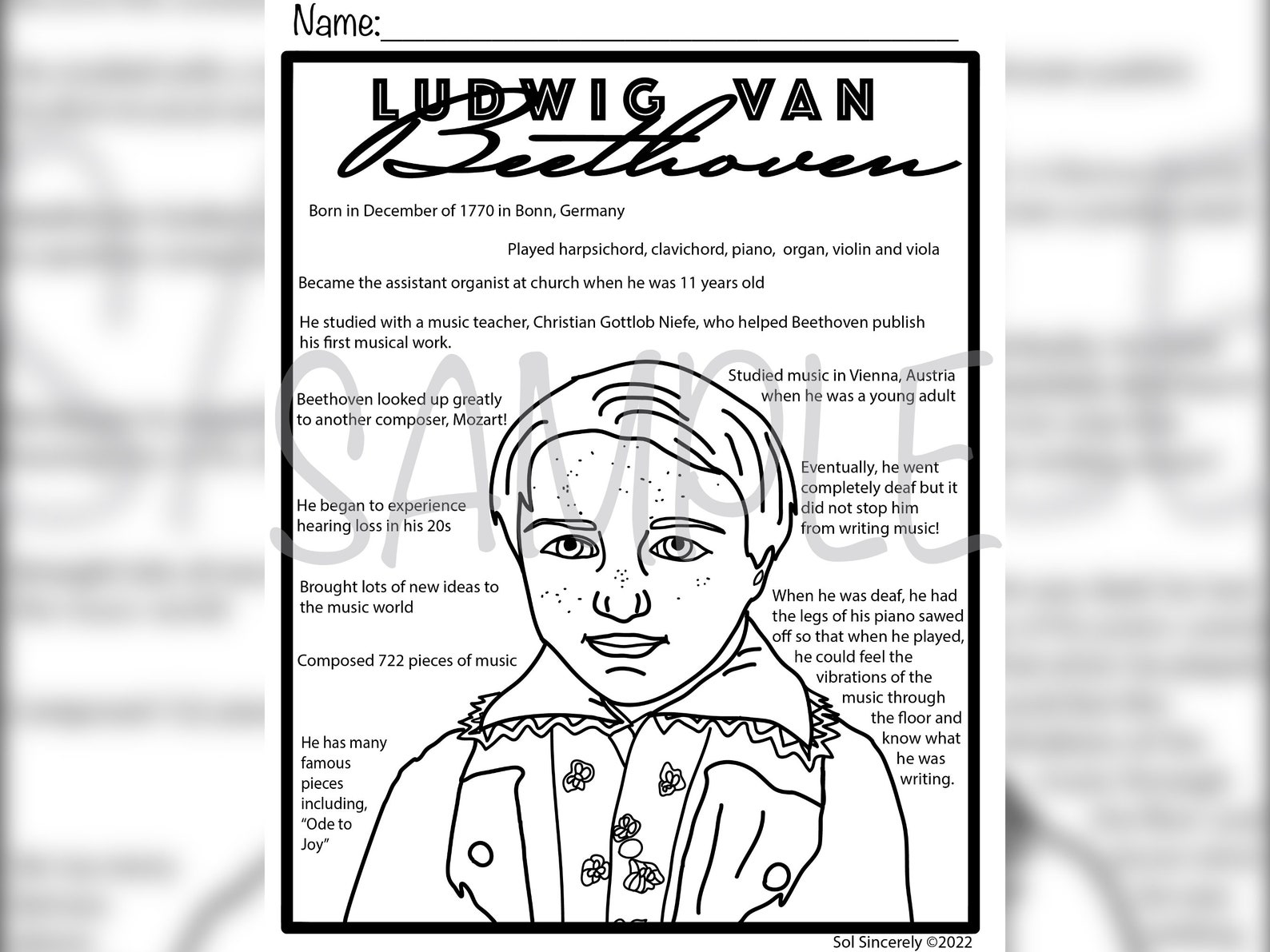 Beethoven Coloring Sheet for Kids, Music History for Kids - Etsy
