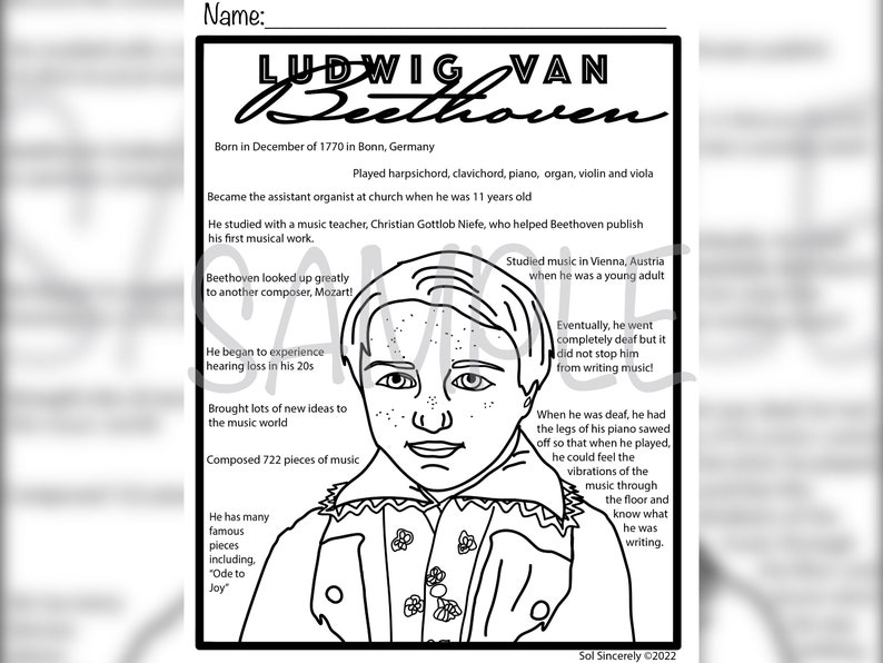 Beethoven Coloring Sheet for Kids, Music History for Kids - Etsy