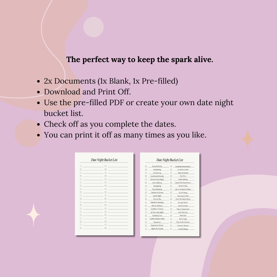 Couples Date Night Bucket List, Bucket List Template, Printable ...