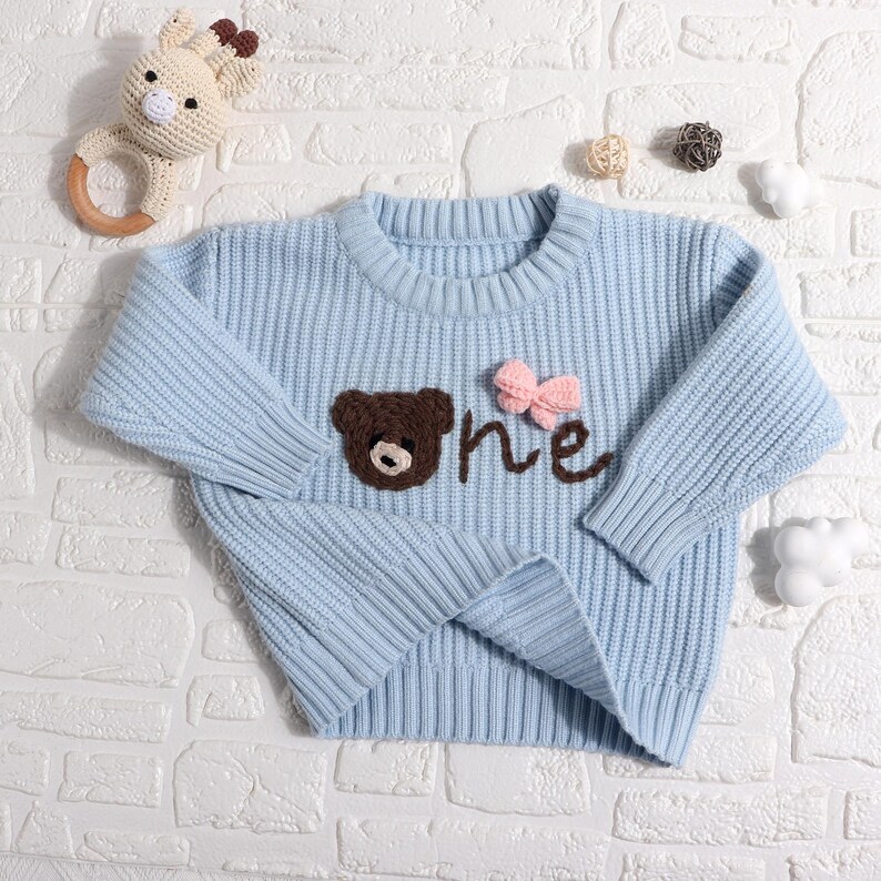 Personalized Cream Knit Bear First Birthday Baby Sweater, Hand ...