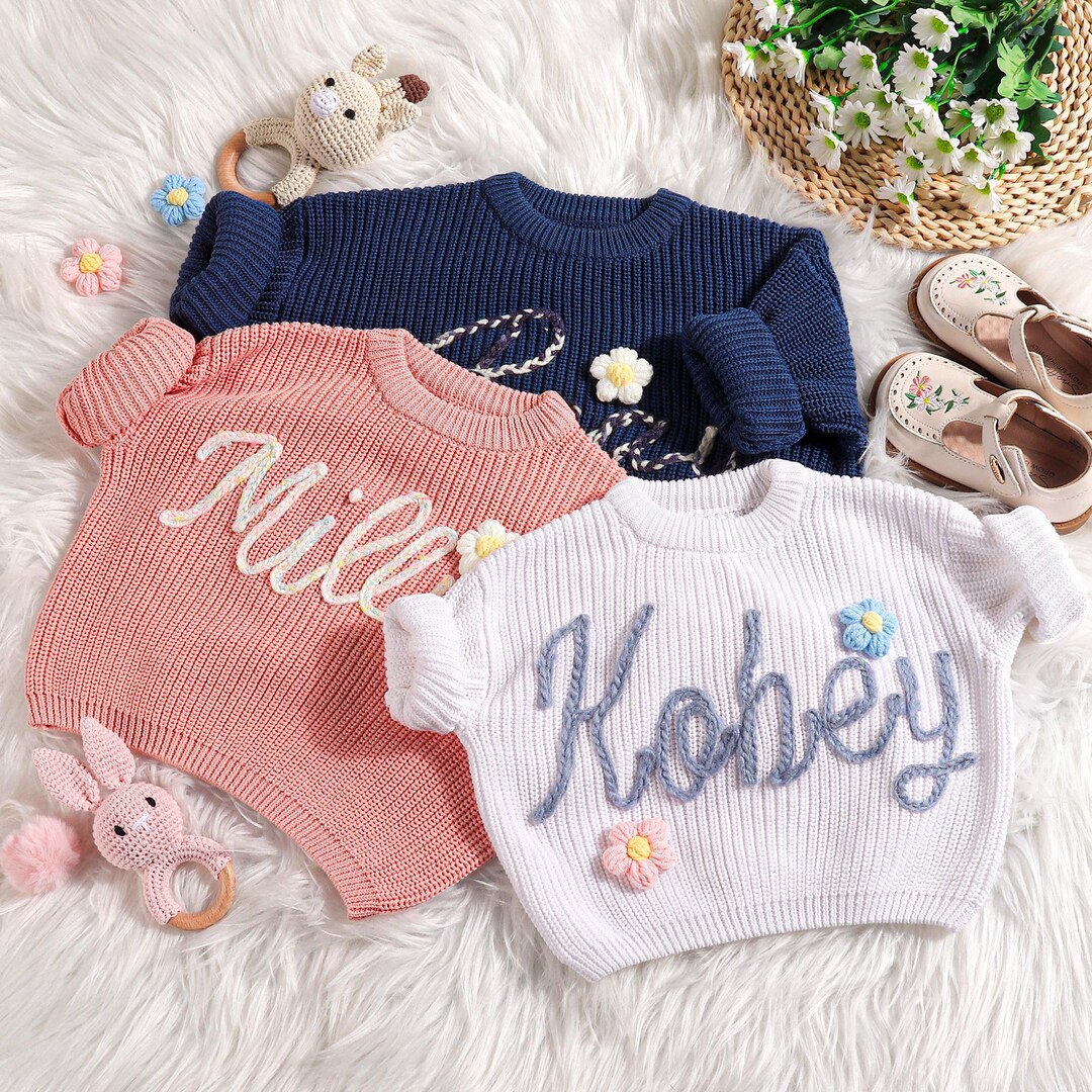 Hand Embroidered Sweaters, Custom Baby Knit Sweaters, Baby Name Jumpers ...