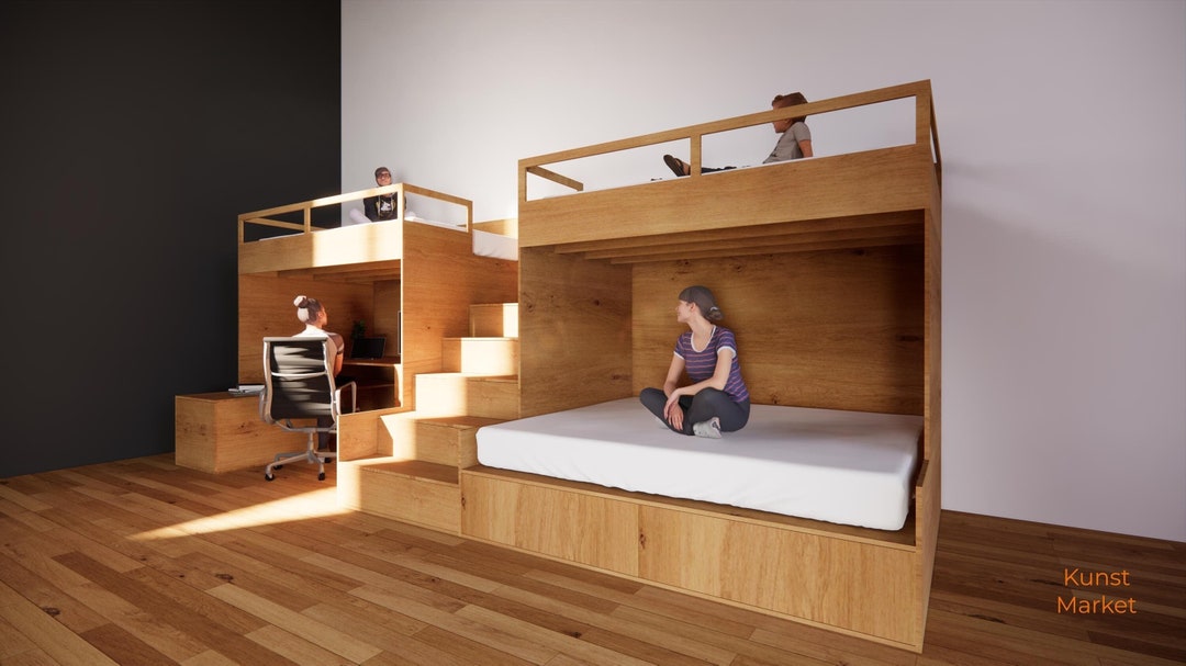 Double Bunk Bed With Storage Stairs and Work Table DIY Build Plans ...