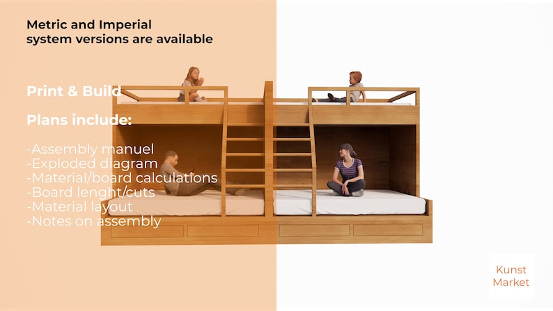 Double Split Bunk Bed DIY Build Plans: Single Upper/queen Lower ...