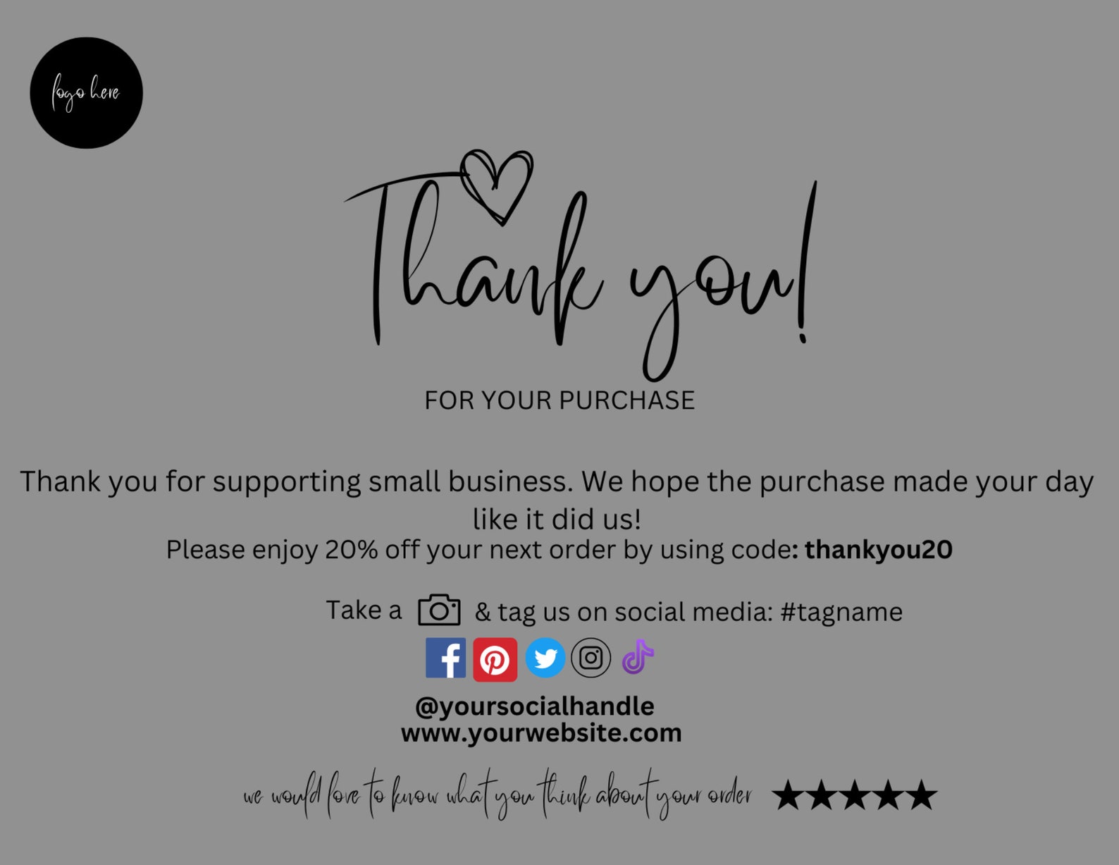 Thanks for Your Purchase Card, Small Business Thank You Card Template ...
