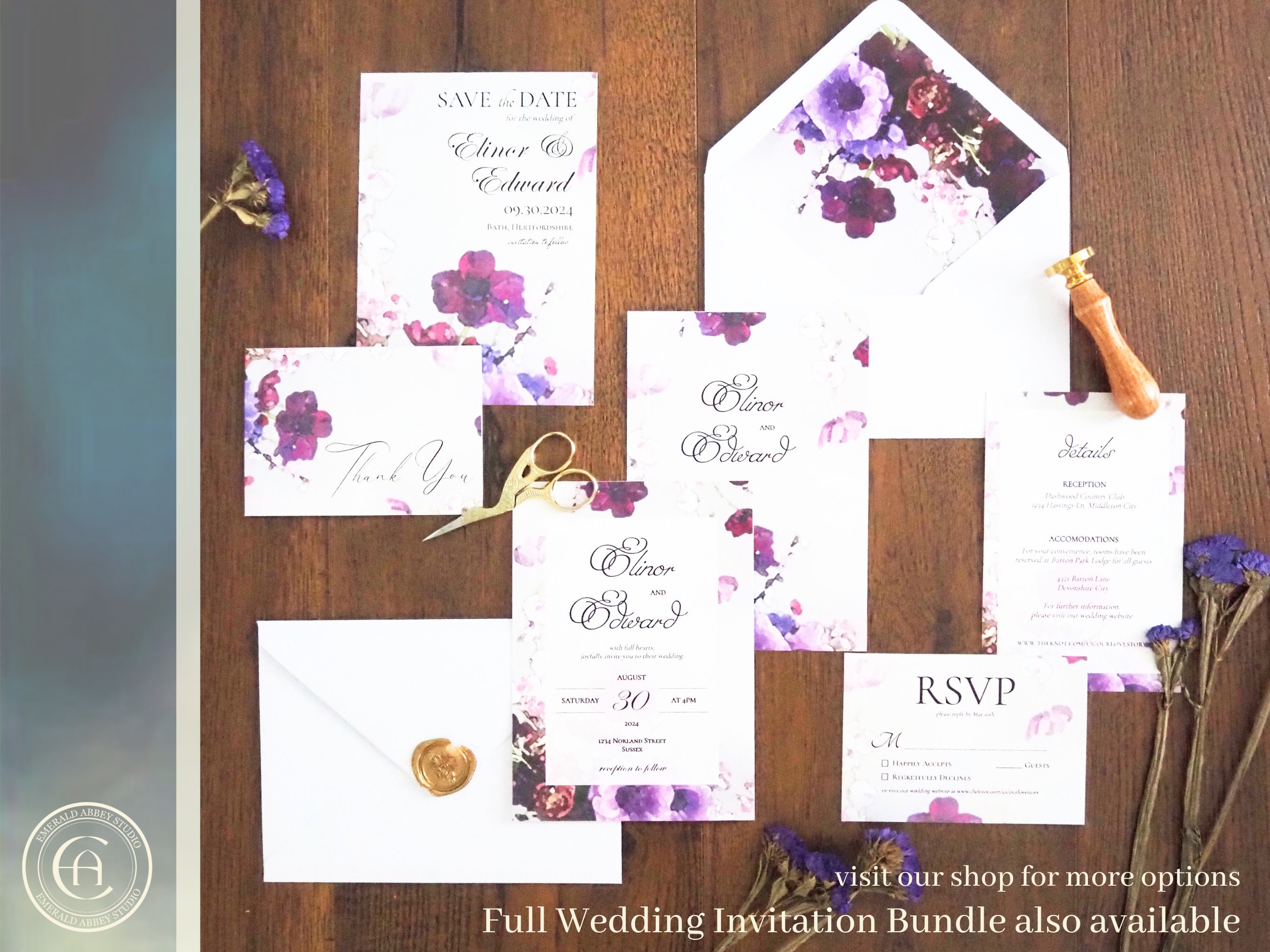 ELINOR - Purple Floral Wedding Invitation Suite Template | Editable ...