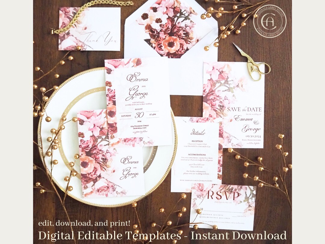 EMMA - Pink Floral Wedding Invitation Bundle Template | Editable ...