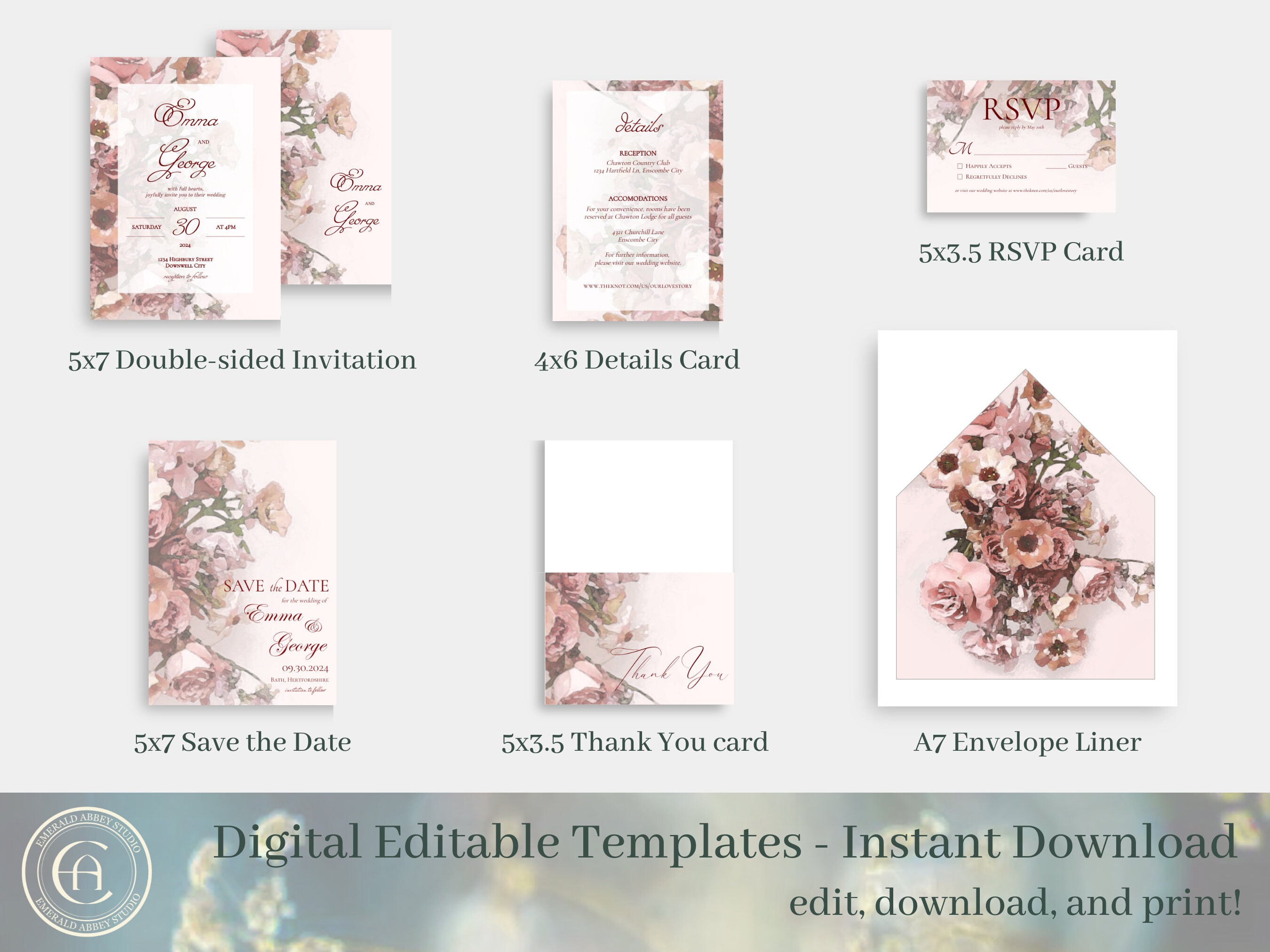 EMMA - Pink Floral Wedding Invitation Bundle Template | Editable ...