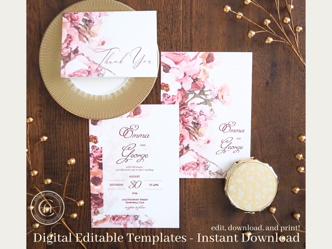 EMMA - Pink Floral Wedding Invitation Template | Editable Romantic ...