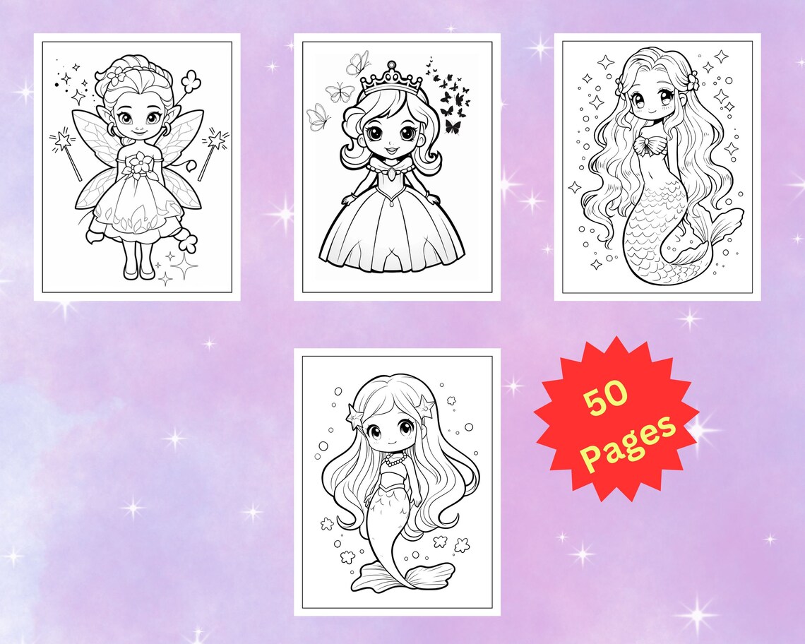 Mermaid, Princess, and Fairy Coloring Pages for Kids, 50 Cute Coloring ...