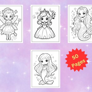 Mermaid, Princess, and Fairy Coloring Pages for Kids, 50 Cute Coloring ...