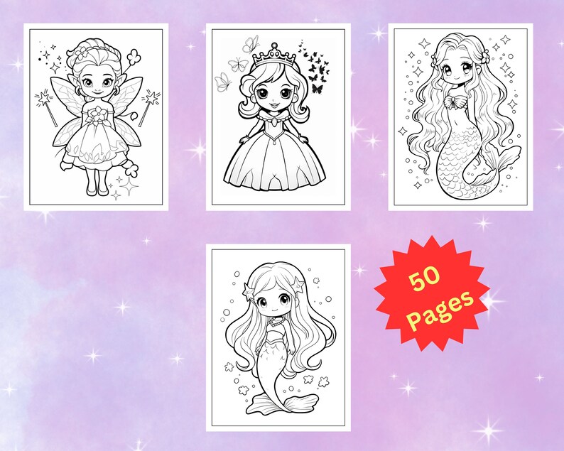 Mermaid, Princess, and Fairy Coloring Pages for Kids, 50 Cute Coloring ...