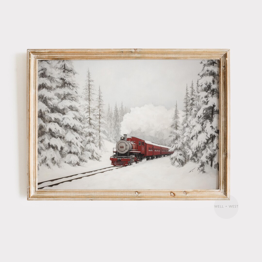 Vintage Style Train Print | Red Christmas Train in Snow | Winter ...
