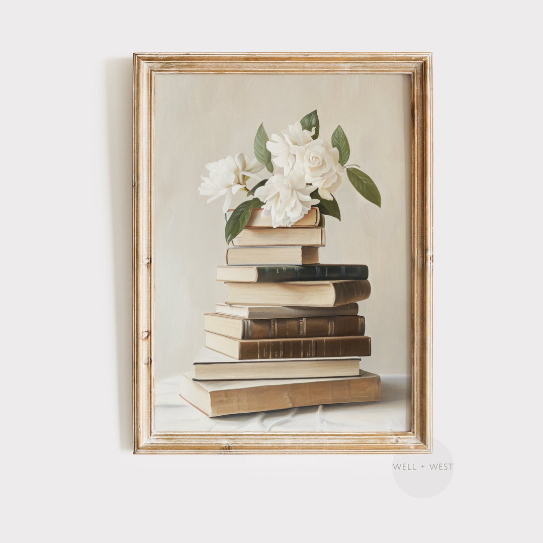 Stack of Books Painting | Spring White Flowers | Vintage Light Academia ...