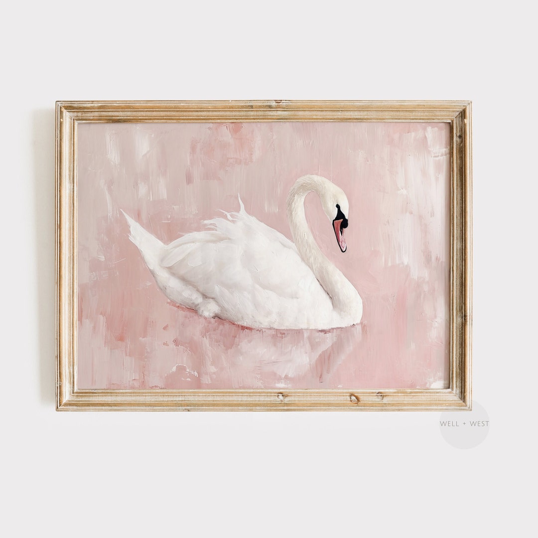 Swan Art Printable | White Swan Vintage Style Painting | Pastel Blush ...