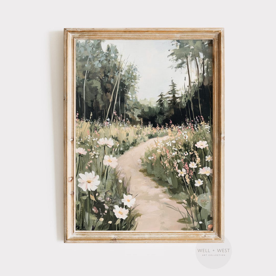 Spring Forest Print | Walking Path Painting | Vintage Style Wildflower ...