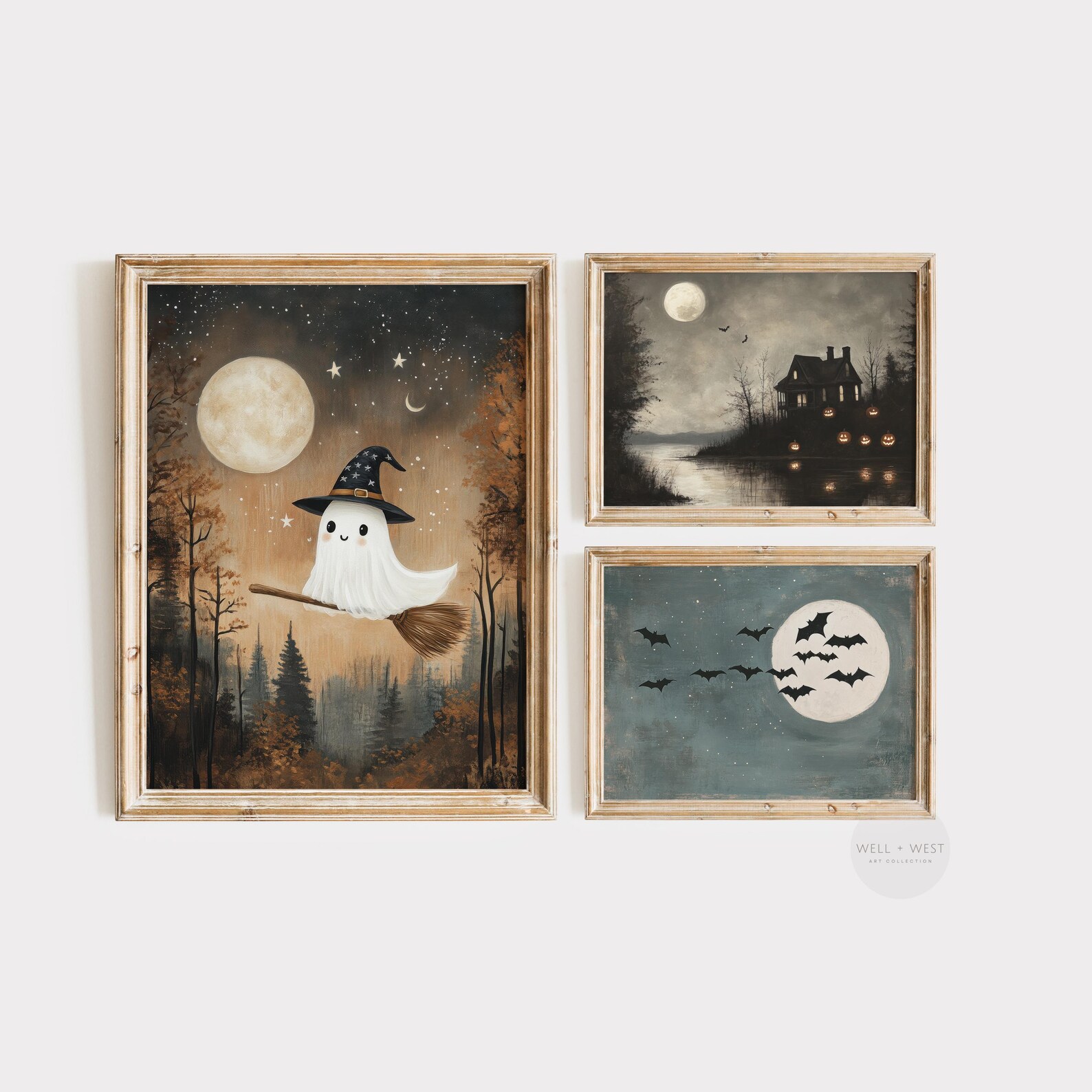 Bats Print | Halloween Full Moon Painting | Muted Blue Sky | Antique ...