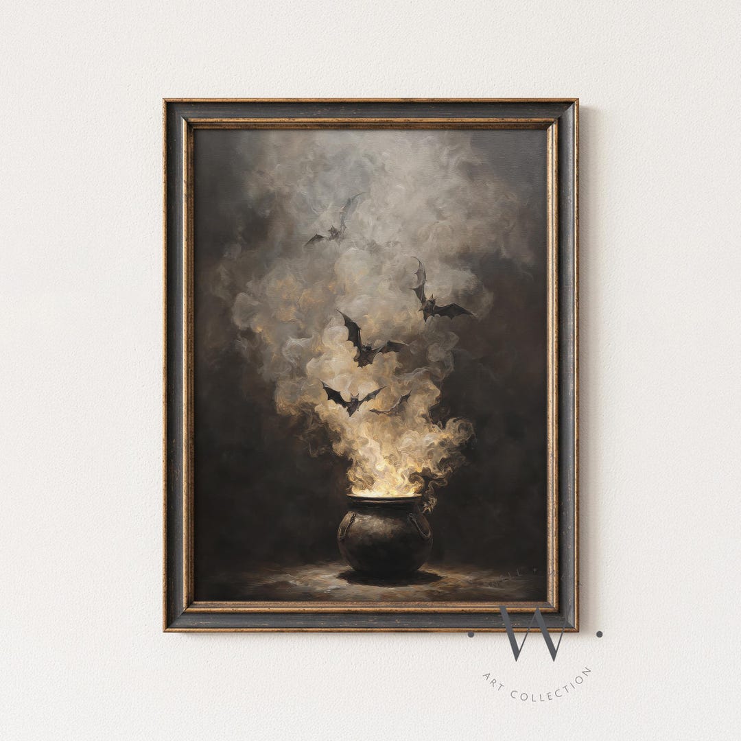 Witches Cauldron Print | Vintage Style Bats Painting | Dark Moody ...