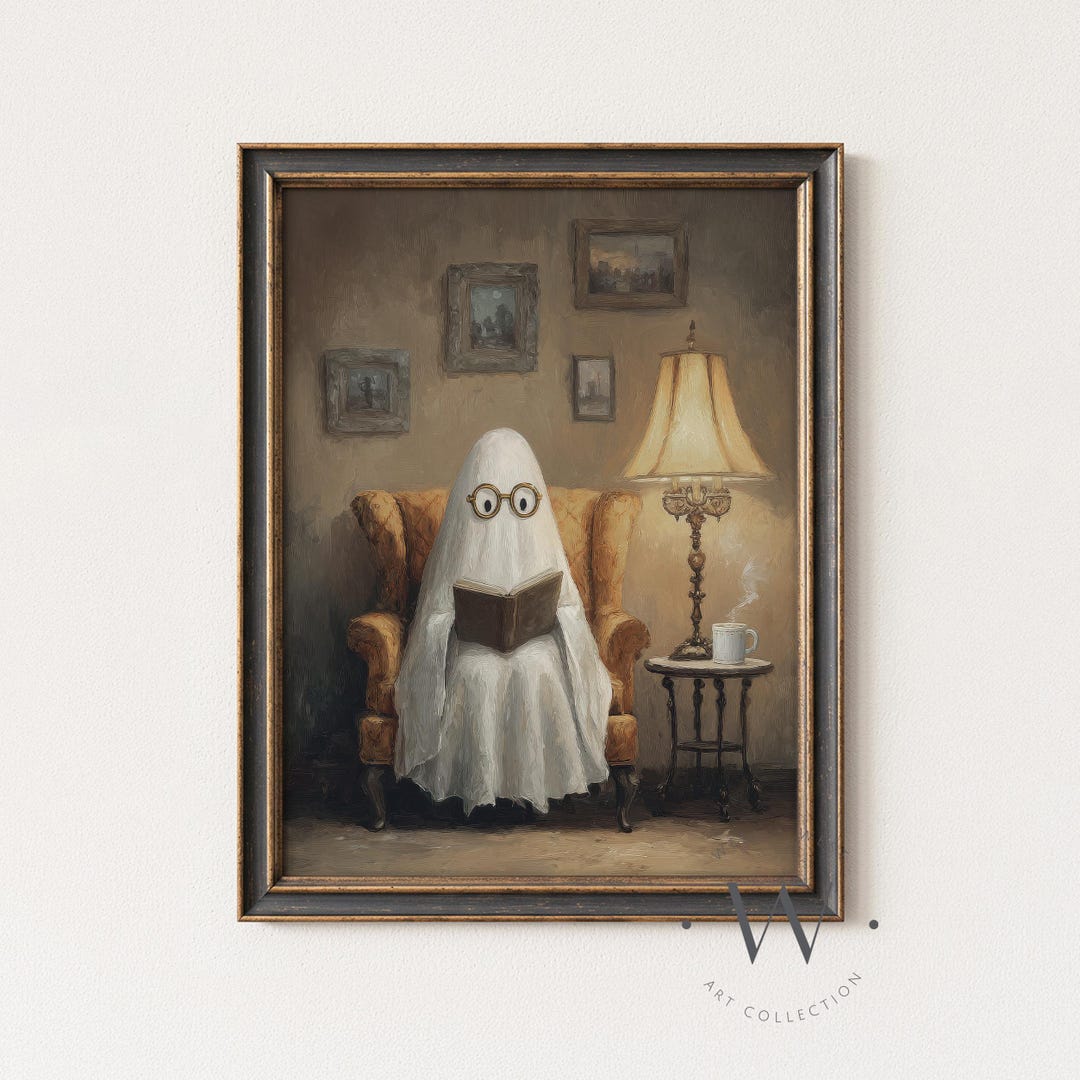 Ghost Reading Book Print | Vintage Library Painting | Halloween ...