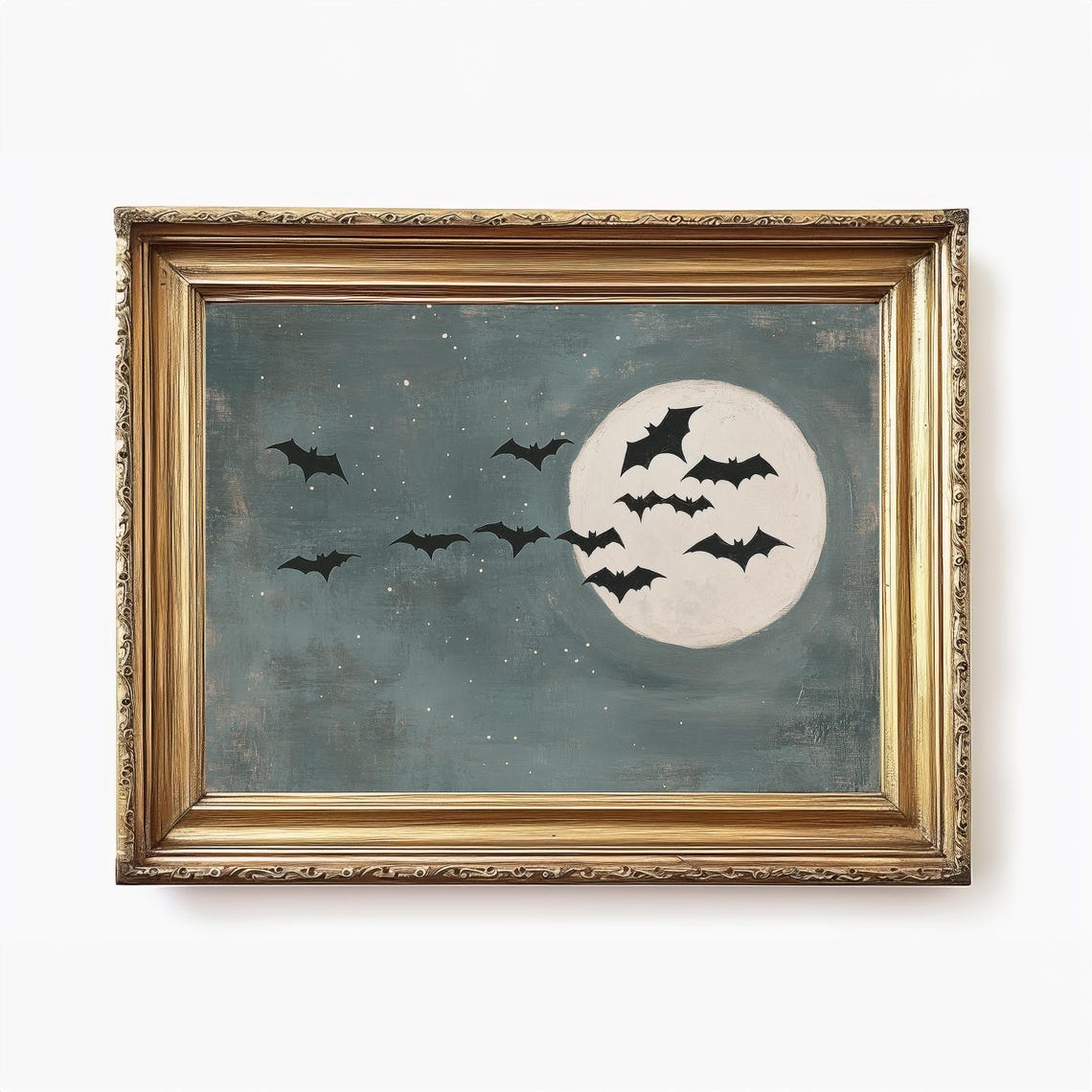 Bats Print | Halloween Full Moon Painting | Muted Blue Sky | Antique ...