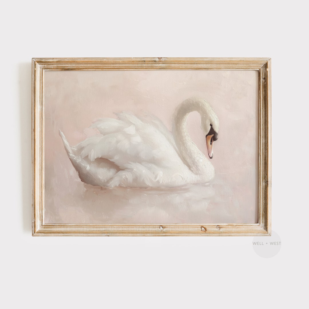 Swan Art Print | Antique White Swan Painting | Light Pastel Pink ...